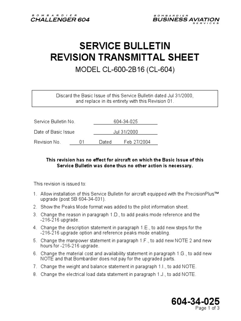 Service Bulletin Revision Transmittal Sheet: MODEL CL-600-2B16 (CL-604 ...