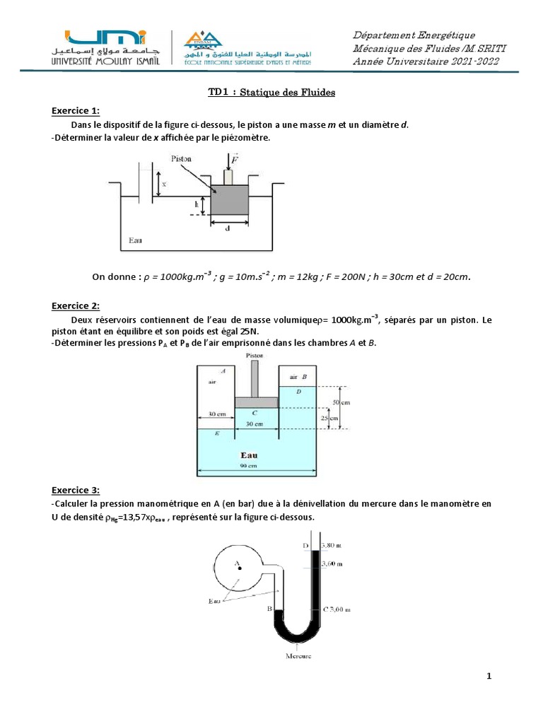 Exercices Corrigés de Statique des Fluides | PDF | Pression | Grandeur ...