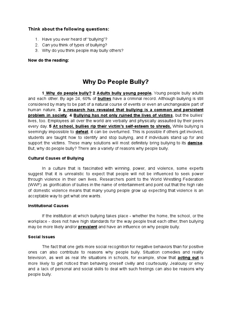 Why Do People Bully?: Think About The Following Questions | Download ...