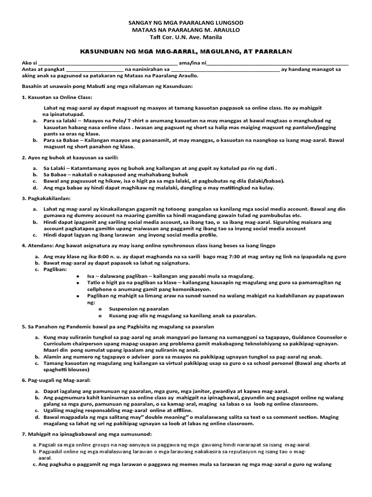 Revised Kasunduan NG Paaralan at Magulang | PDF