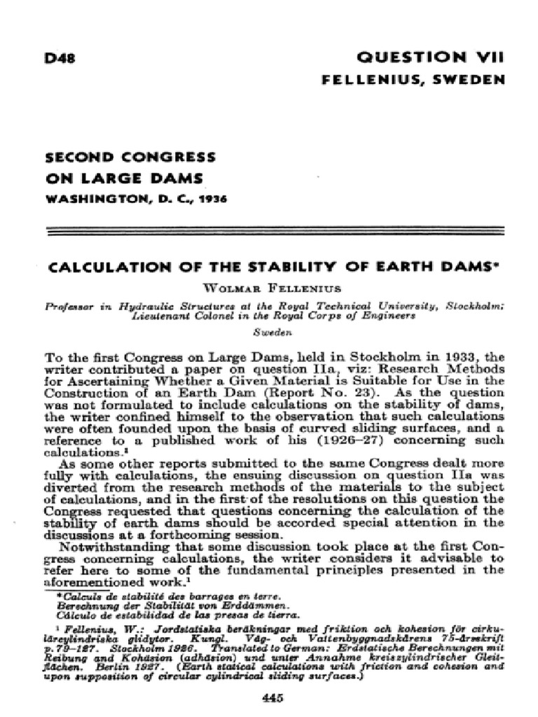 FELLENIUS - Calculation of The Stability of Earth Dams | PDF
