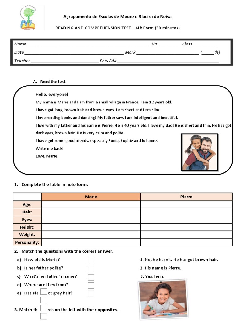 READING AND COMPREHENSION TEST - 6th Form (30 Minutes) : A. Read The ...