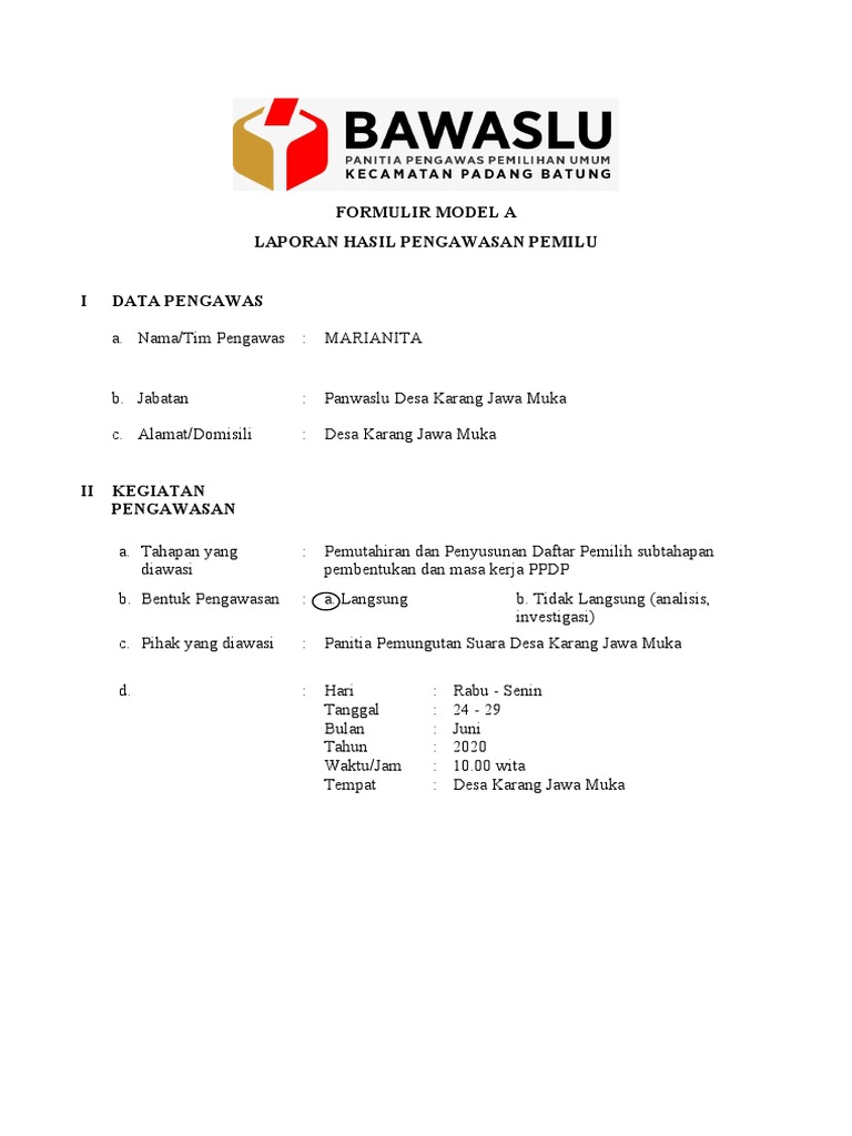 Laporan Pengawasan Pemilu Model A | PDF