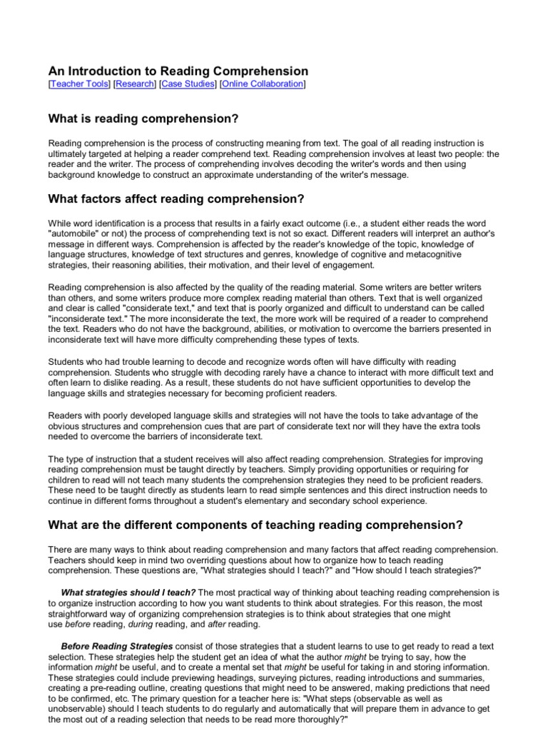An Introduction To Reading Comprehension | PDF | Reading Comprehension ...