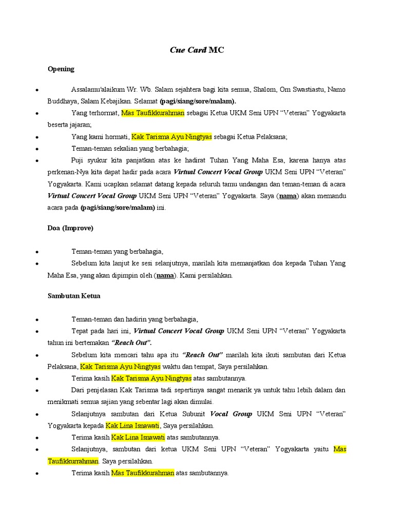 Contoh Cue Card MC Konser Musik | PDF