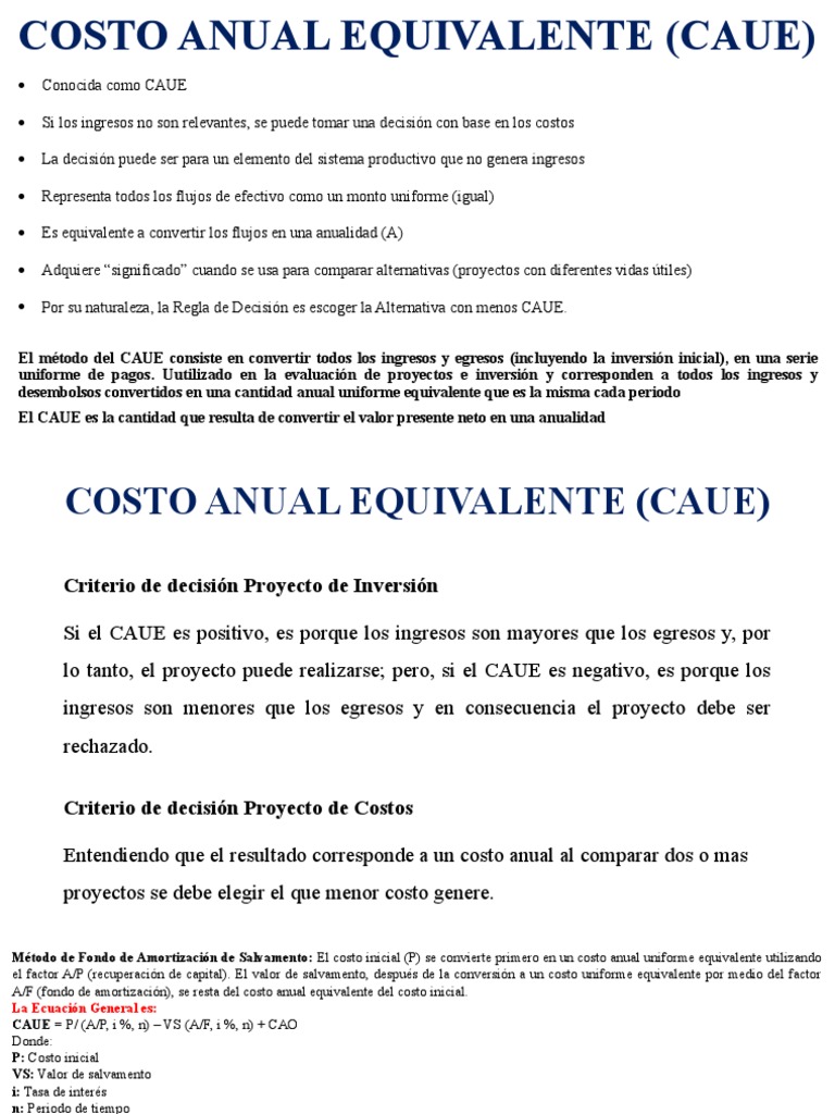 Costo Anual Equivalente (CAUE) Explicado | PDF | Economias | Matemáticas