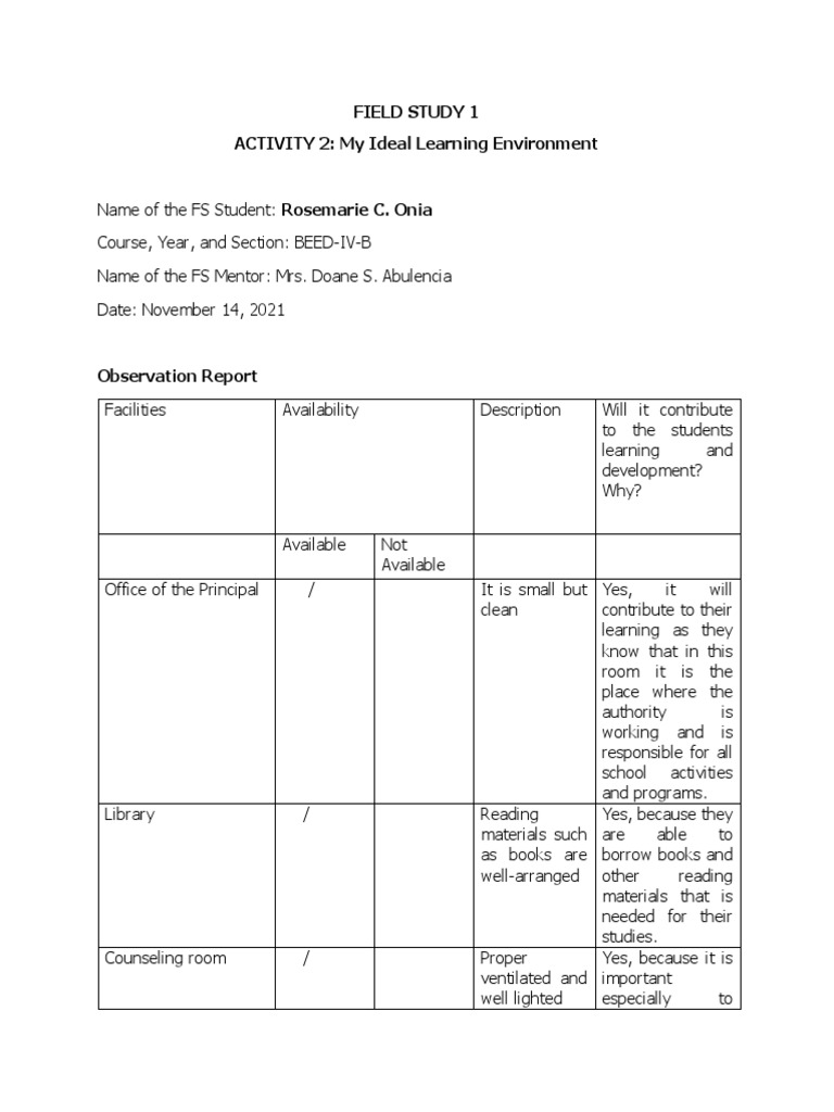 Field Study 1: Ideal Learning Environment | PDF | Learning | Teachers