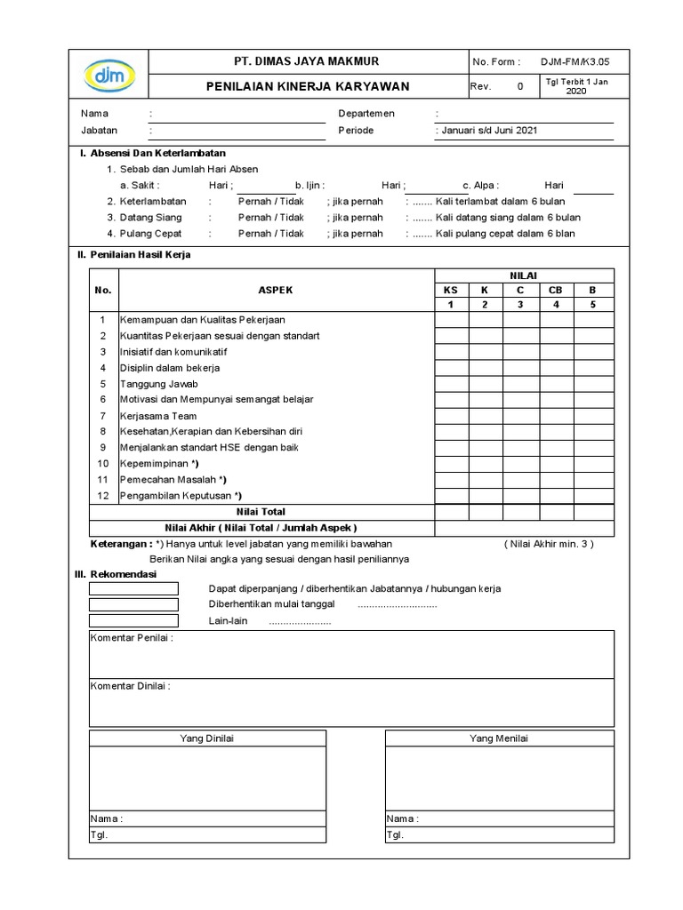 K3.07 Form Penilian Kinerja Rev.0 | PDF