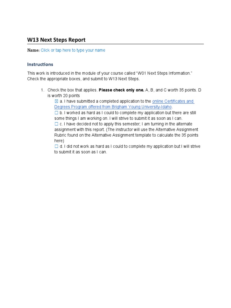 W13 Next Steps Report: Instructions | PDF