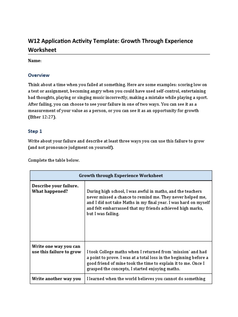 W12 Application Activity Template: Growth Through Experience Worksheet ...