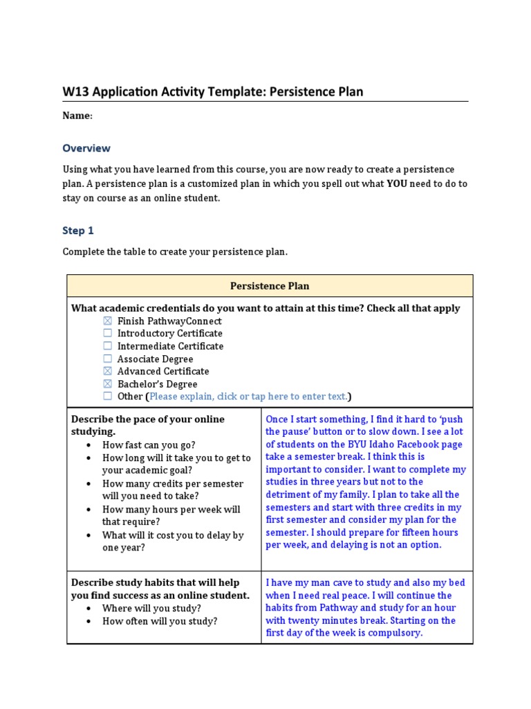 W13 Application Activity Template: Persistence Plan: Name | PDF | Cognition | Behavior Modification