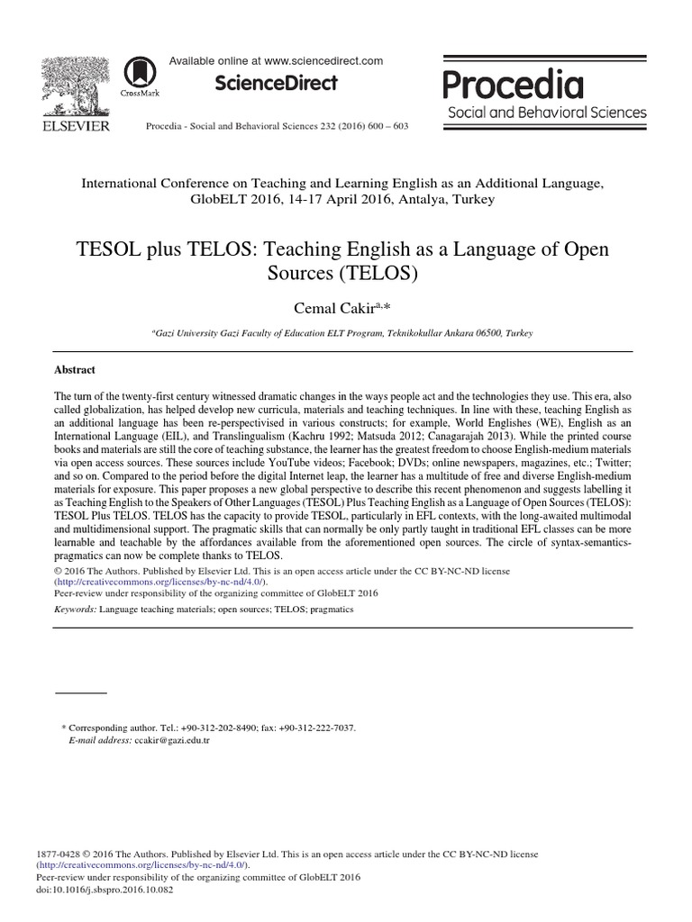 TESOL Plus TELOS: Teaching English As A Language of Open Sources (TELOS ...
