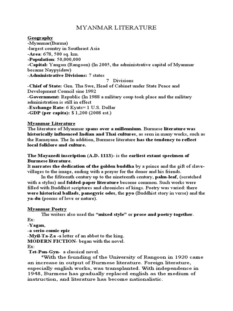 Myanmar Literature | PDF | Myanmar