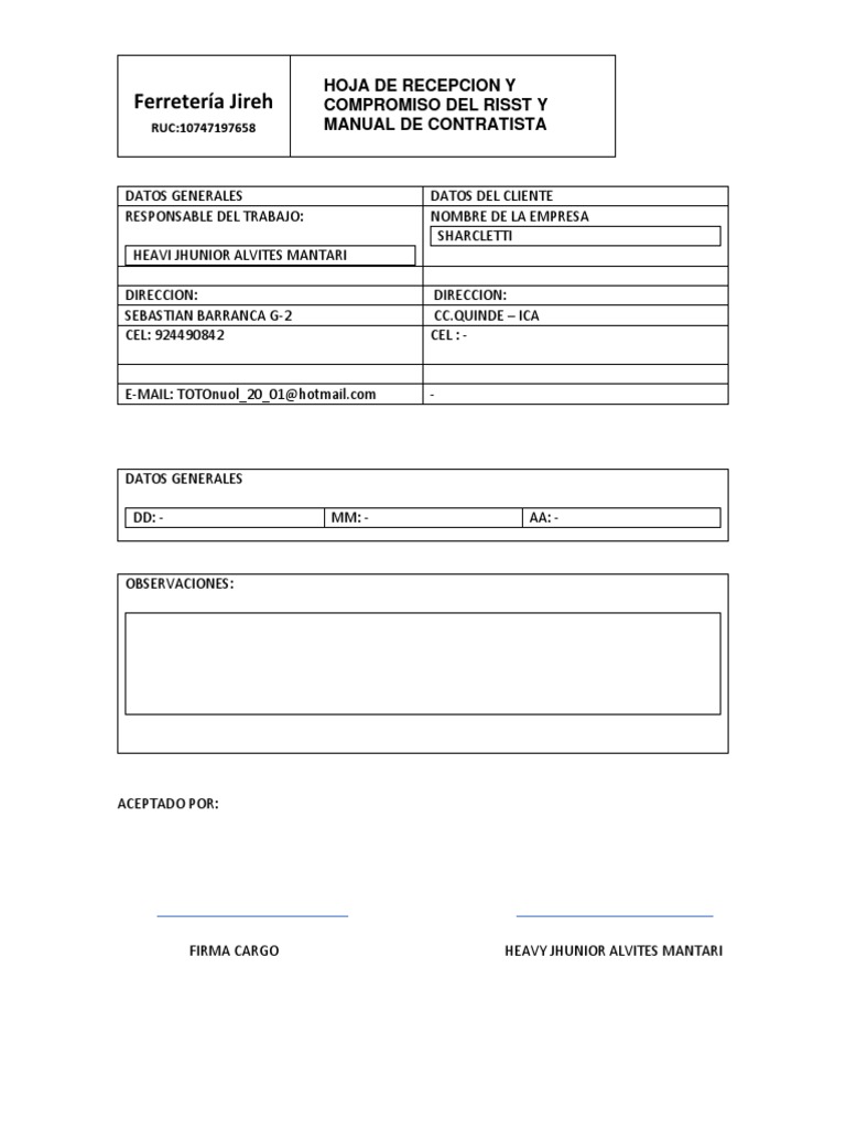 Hoja de Recepcion y Compromiso Del Risst y Manual de Contratista | PDF | Seguridad y salud ...