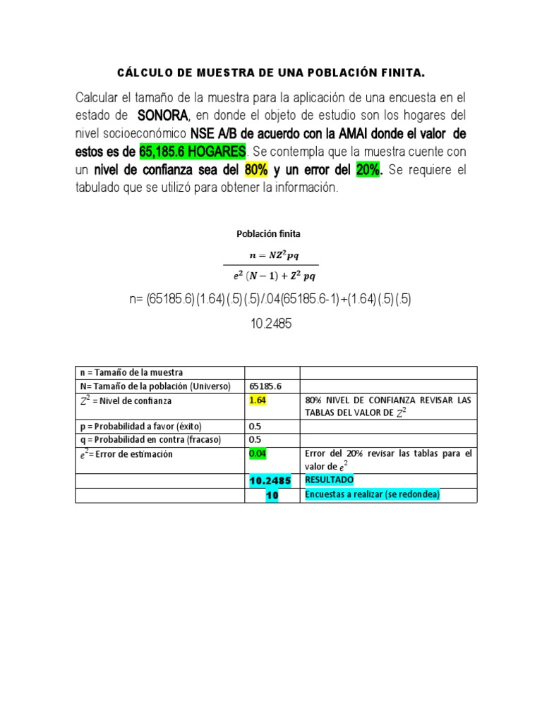 Ejemplo de Calculo de Muestra de Población Finita e Infinita | PDF