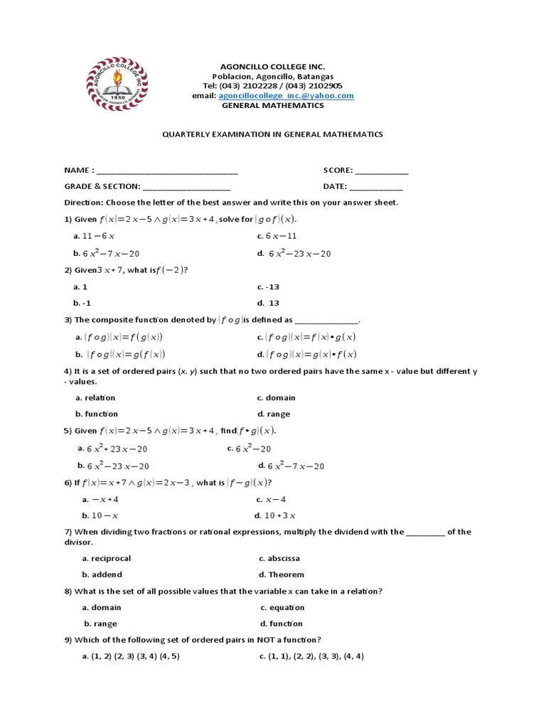 Montly Examination in General Mathematics (Questionnaire) | PDF ...