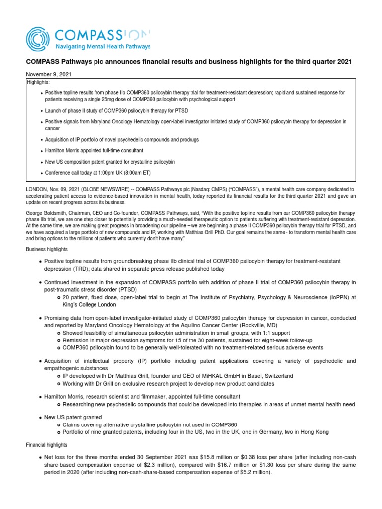 COMPASS Pathways PLC Announces Financial Results and Business ...