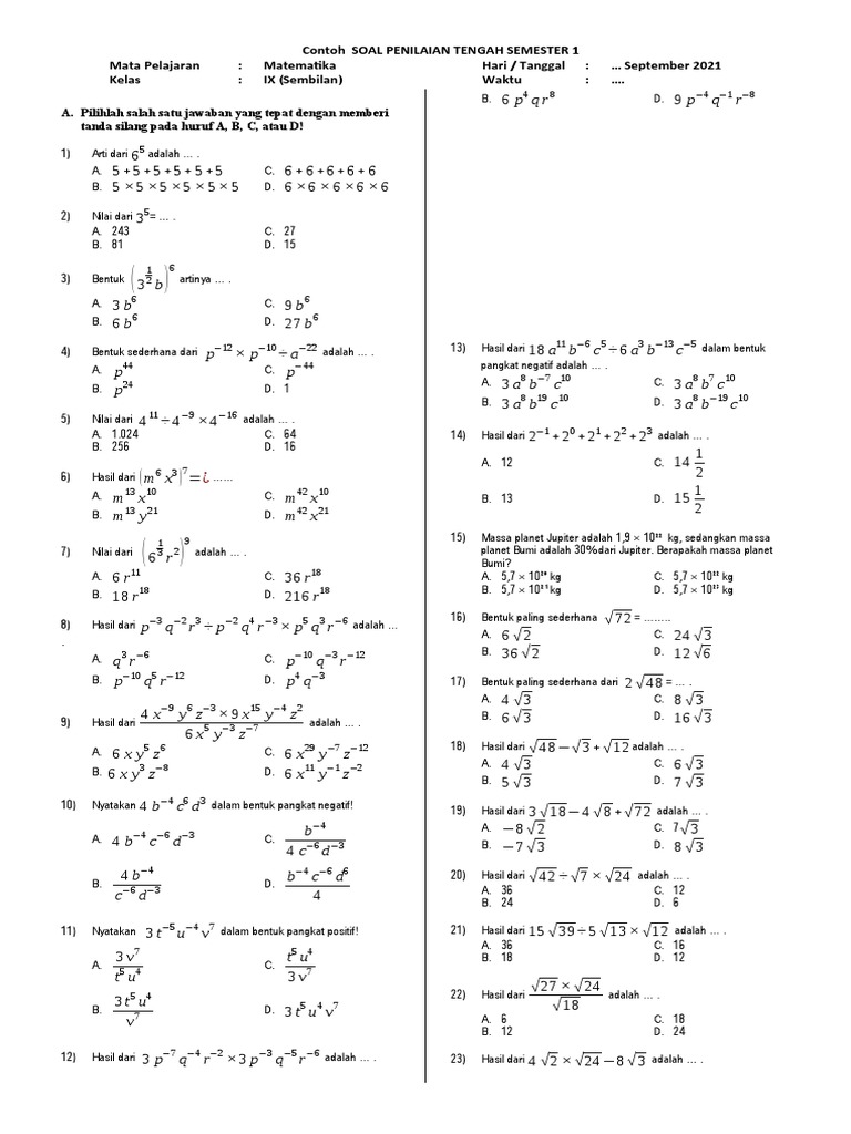 Contoh Soal Pts Gasal Matematika Kelas 9 | PDF