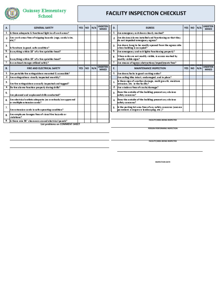 Facility Inspection Checklist: Guinsay Elementary School | Download ...