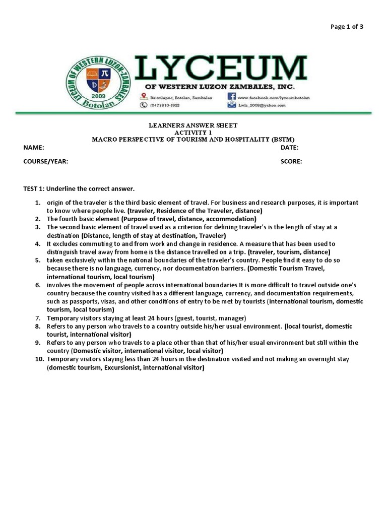 BSTM Tourism and Hospitality Activity Answers | PDF | Tourism | Travel Visa