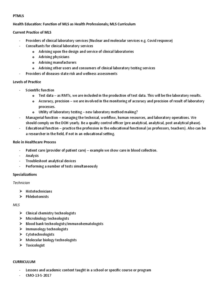 2 Role of MLS, Curriculum MT | PDF | Learning | Medical Laboratory