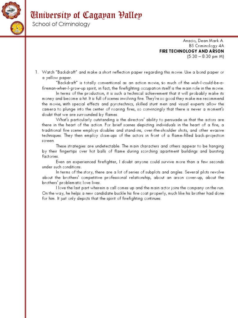 BACKDRAFT Movie Reflection Paper | PDF