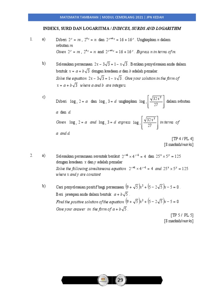 ADD MATH Form 4 Index Surds & Log | PDF