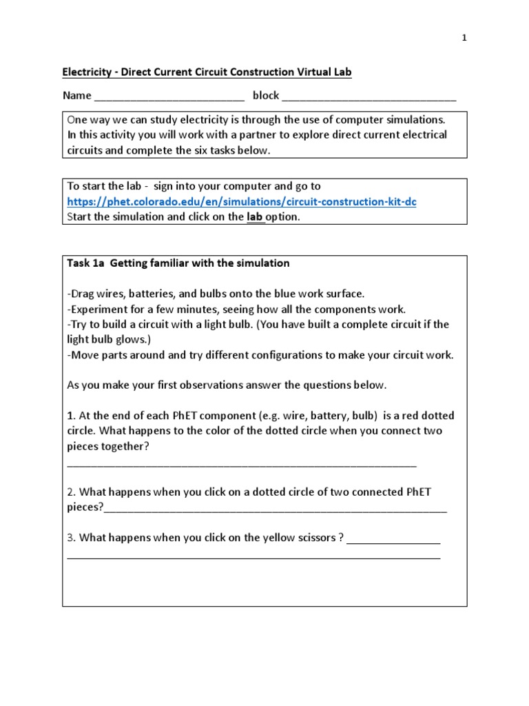 Phet Electricity Lab Student | Download Free PDF | Series And Parallel ...