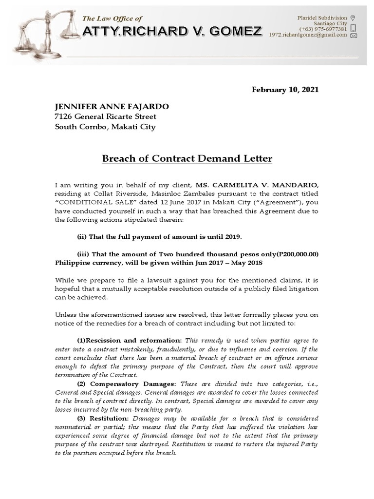Demand Letter (Mandario) | PDF | Damages | Breach Of Contract