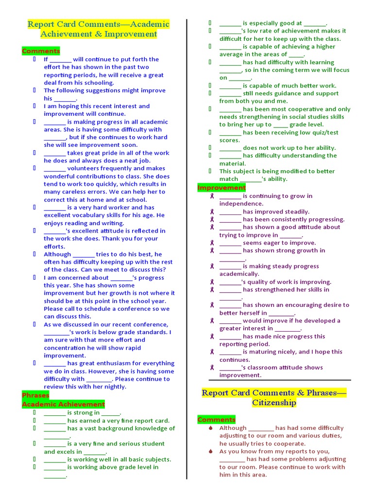 Report Card Comments | PDF | Phonics | Vocabulary