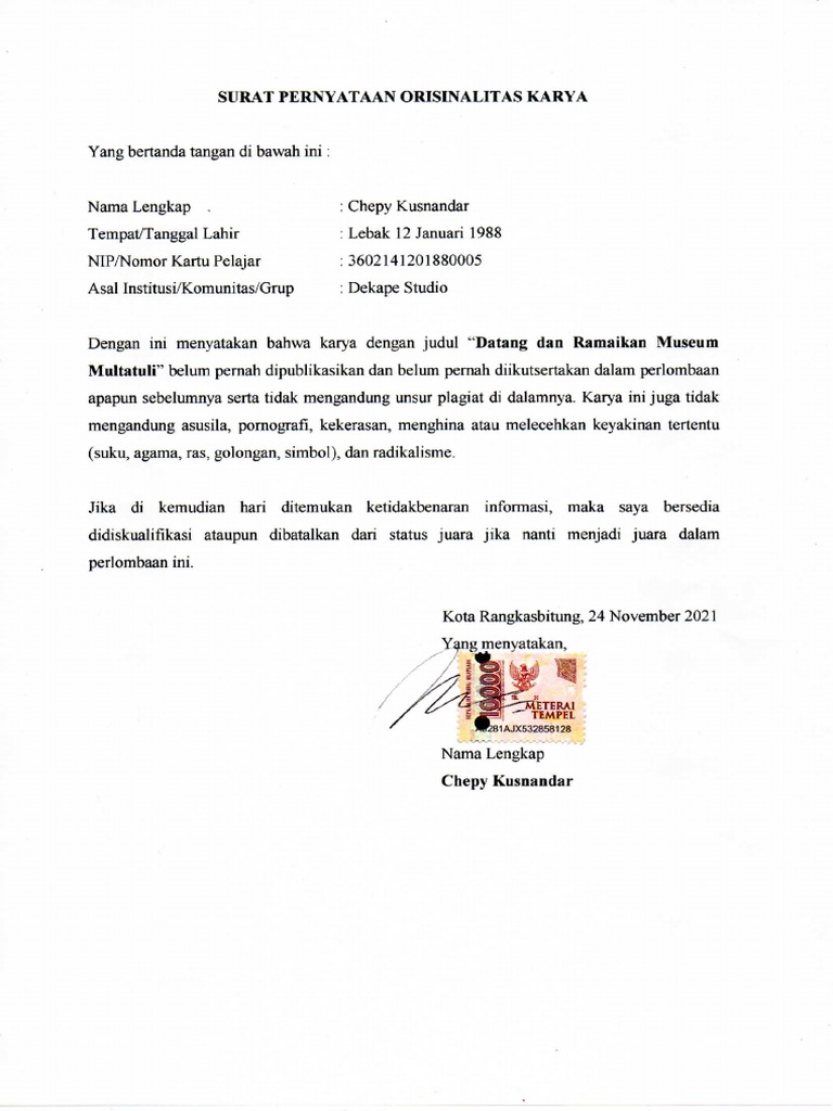 Surat Pernyataan Orisinalitas Karya | PDF