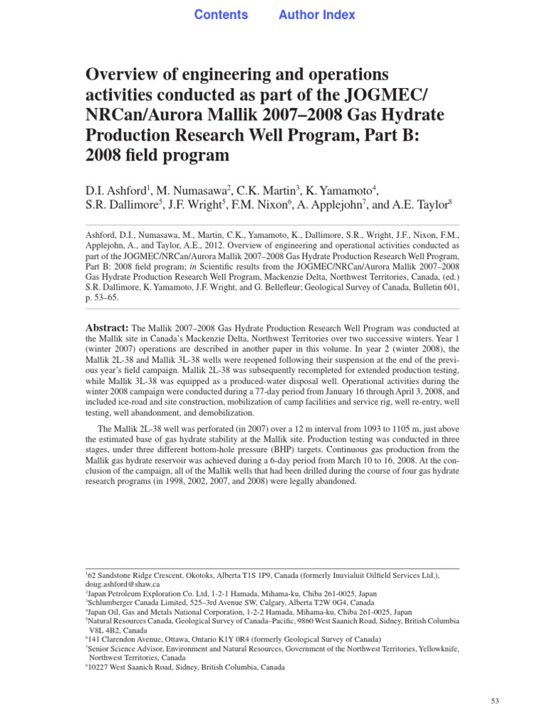 Overview of Engineering and Operations Activities Conducted As Part of The Jogmec/ Nrcan/Aurora ...