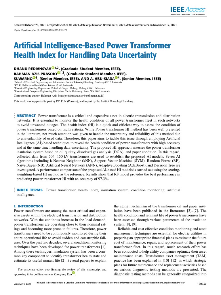 Artificial Intelligence-Based Power Transformer Health Index For Handling Data Uncertainty | PDF ...