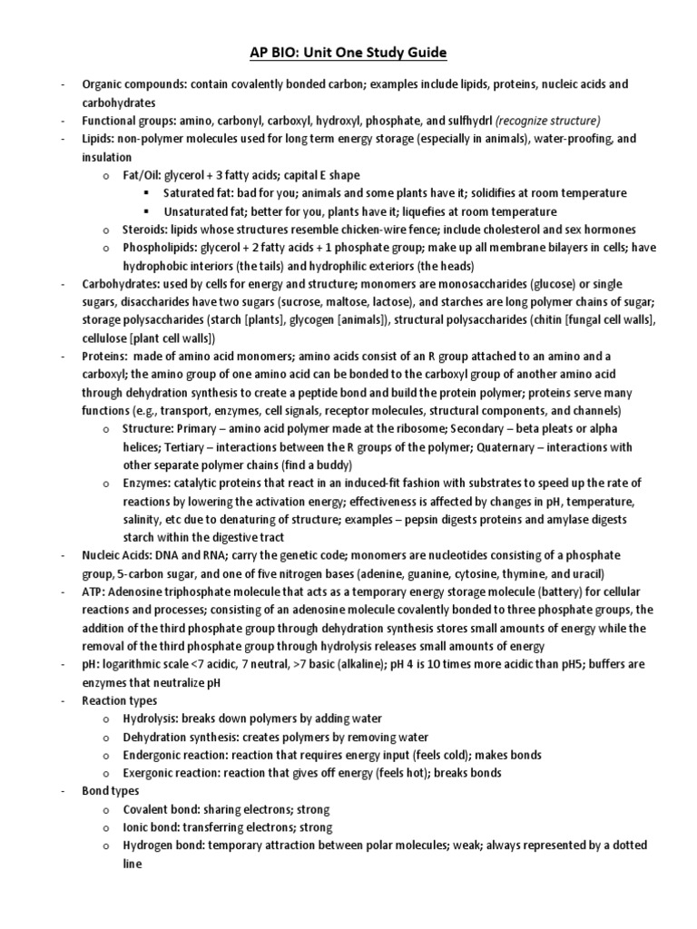 AP Bio Unit 1 Study Guide | PDF | Carbohydrates | Lipid