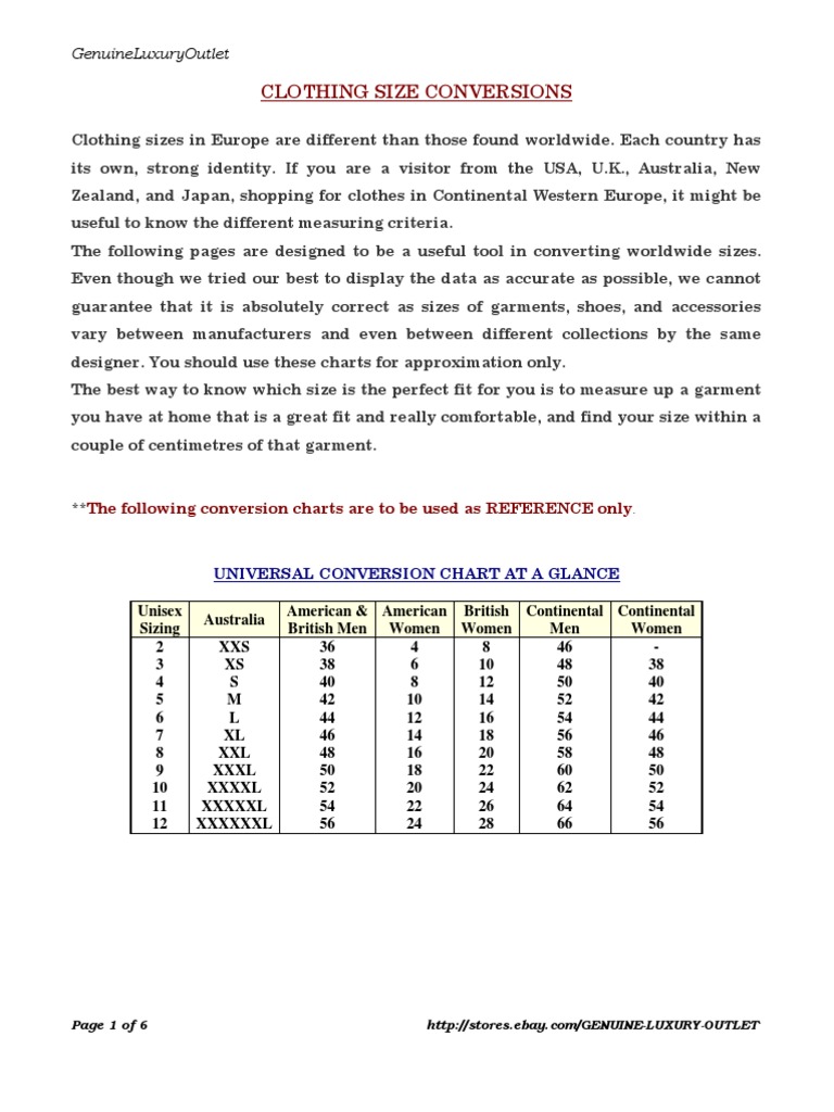 Ebay Clothing Size Conversion Chart | PDF
