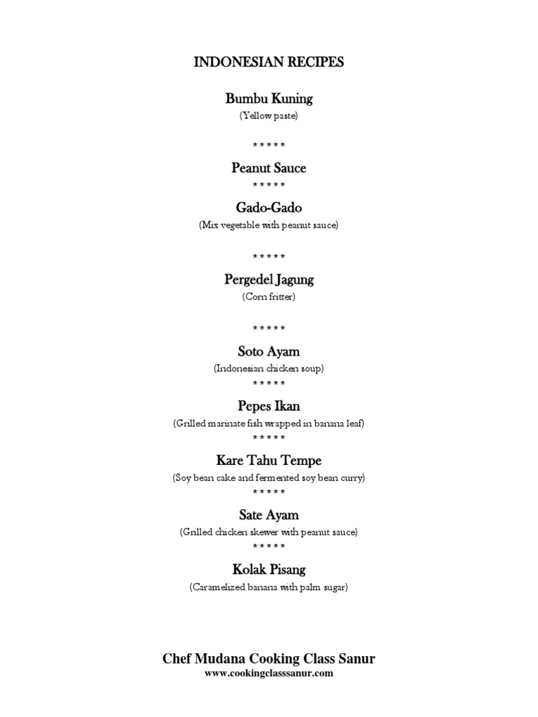 Indonesian Recipes Bumbu Kuning: Chef Mudana Cooking Class Sanur | PDF ...