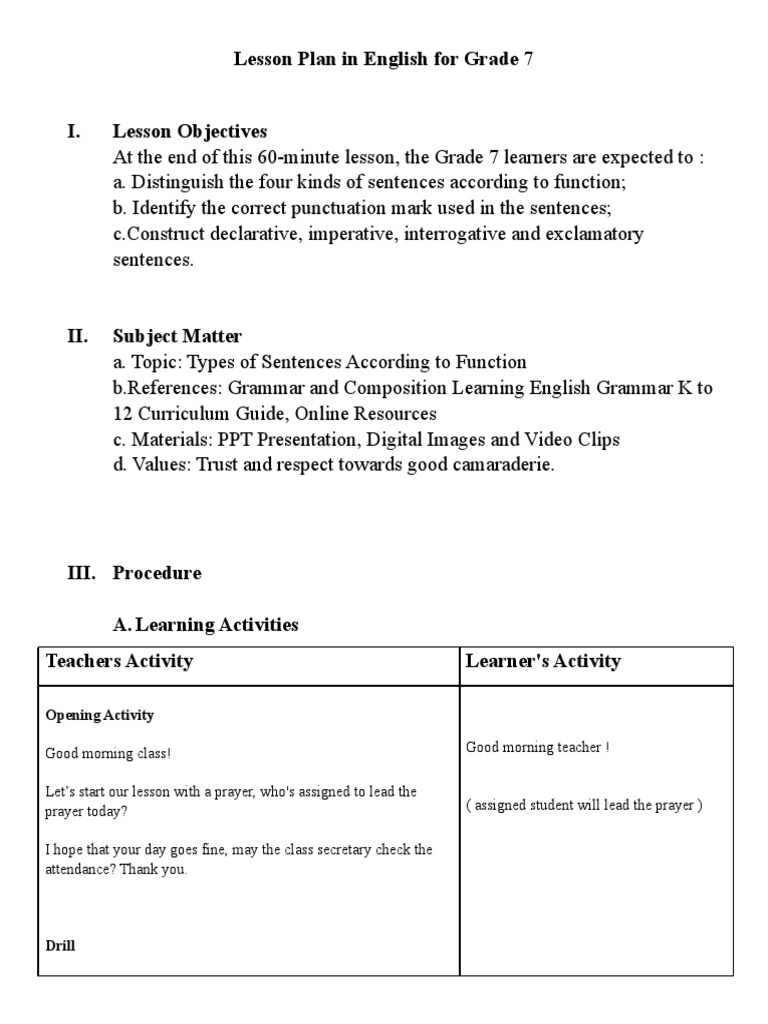 Lesson Plan in English For Grade 7: Opening Activity | PDF | Question ...