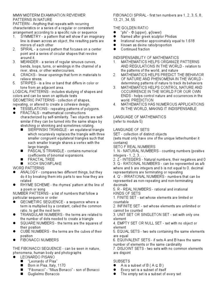 MMW Midterm Examination Reviewer | PDF | Pattern | Fractal MMW Midterm Examination Reviewer | PDF | Pattern | Fractal