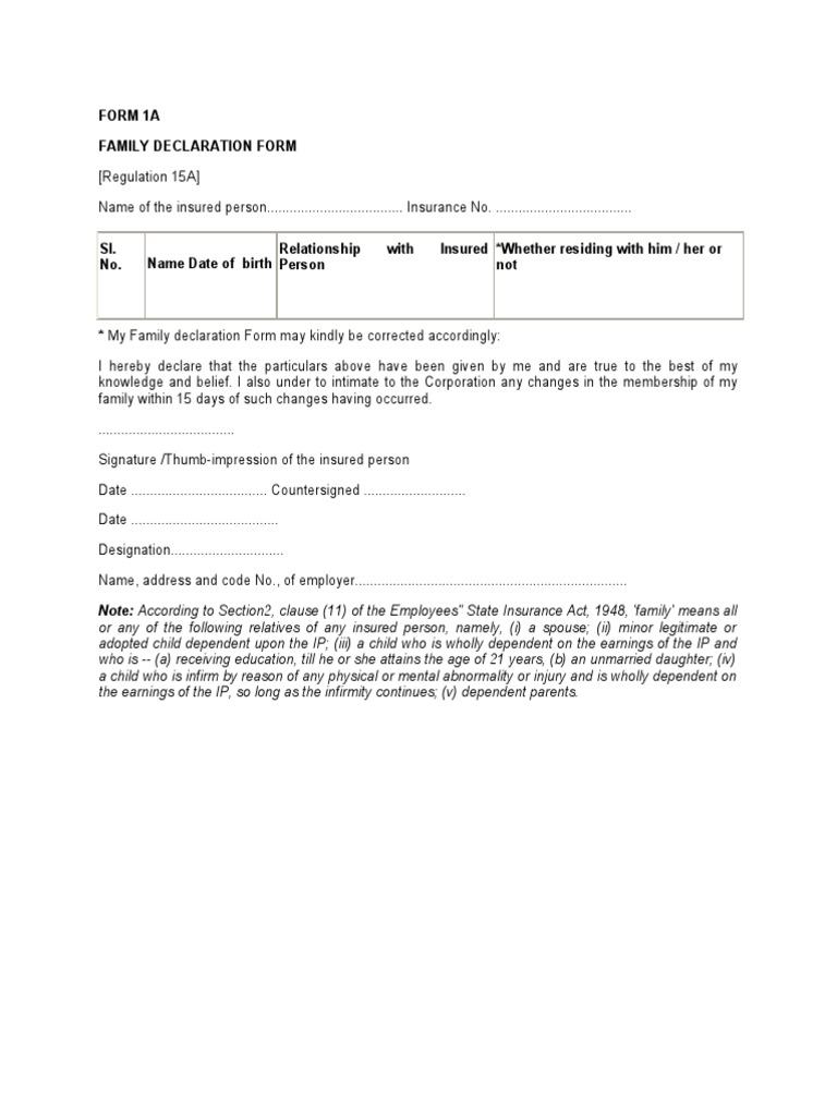 ESIC Family Declaration Form 1A | PDF
