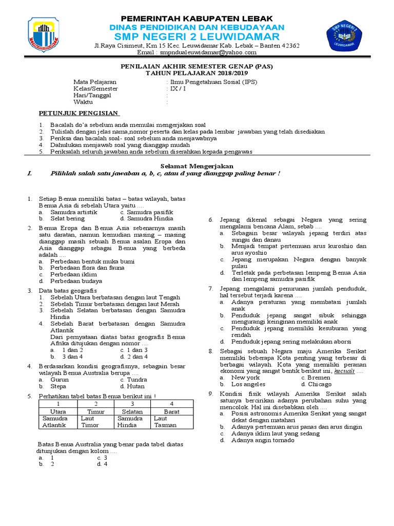 Soal Ips Ibu Muka Depan | PDF
