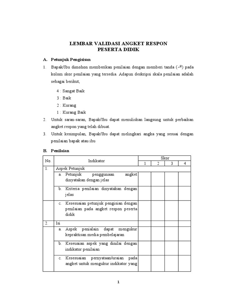 Lembar Validasi Angket Respon Siswa | PDF