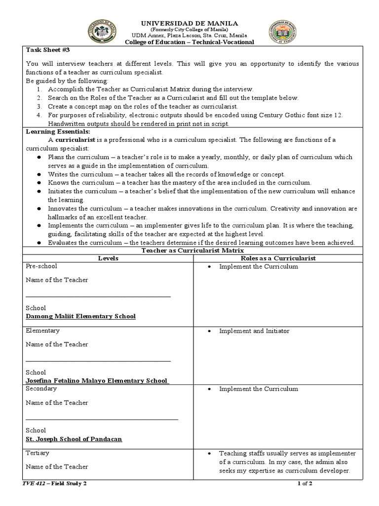 SANTOS, KIM FRANZ F. FS-2-Task-Sheet-3 | PDF | Teachers | Curriculum