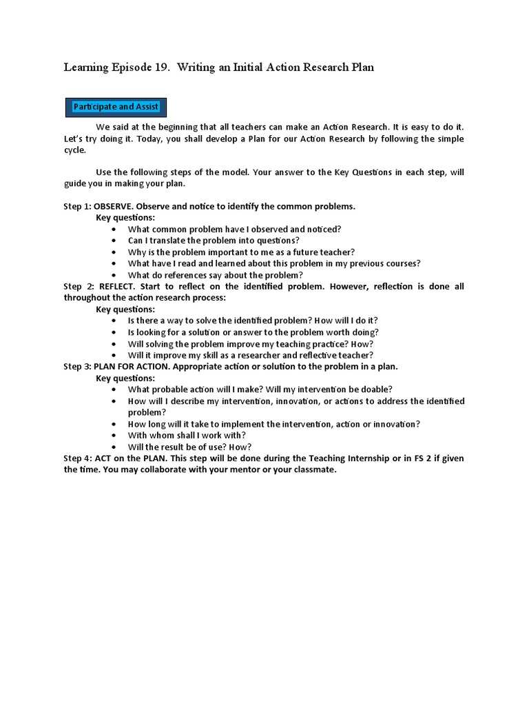 Learning Episode 19. Writing An Initial Action Research Plan | PDF ...