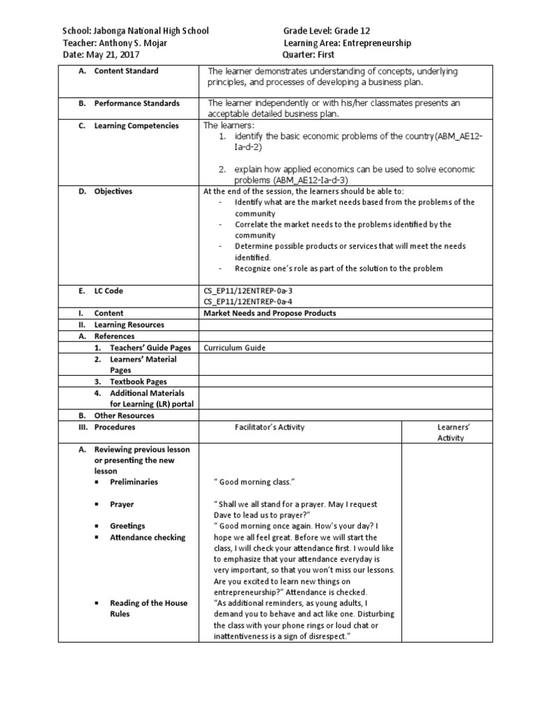 Detailed Lesson Plan On Entrepreneurship | PDF | Learning | Teachers