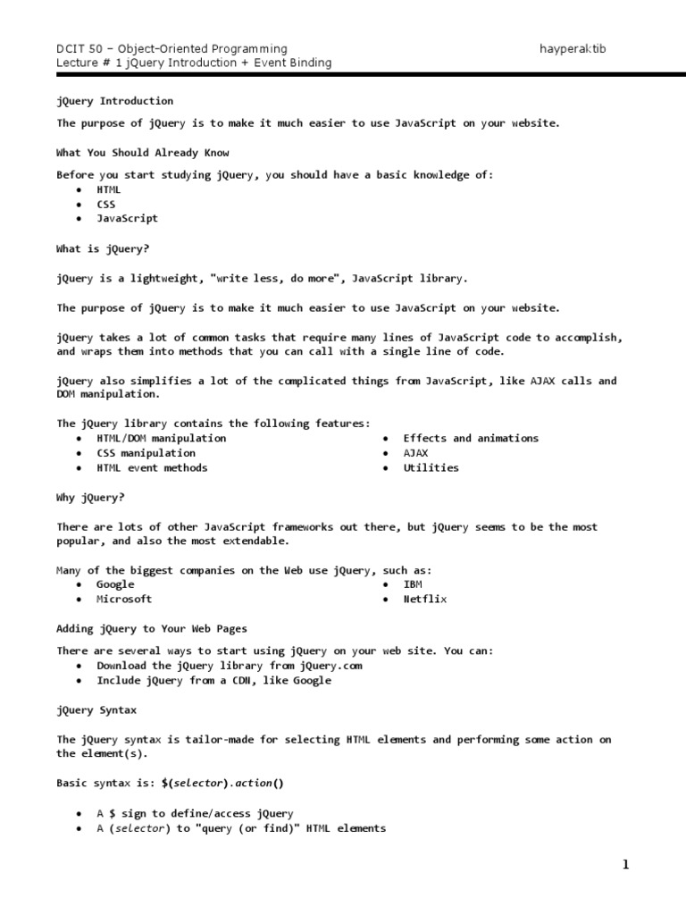 Lec #4 Jquery Intro New | PDF | J Query | World Wide Web