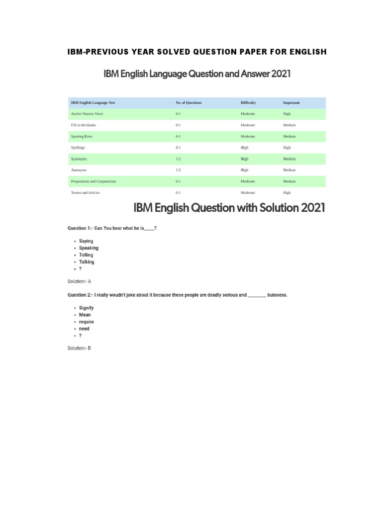 IBM - Previous Year Solved Test Paper - English | PDF