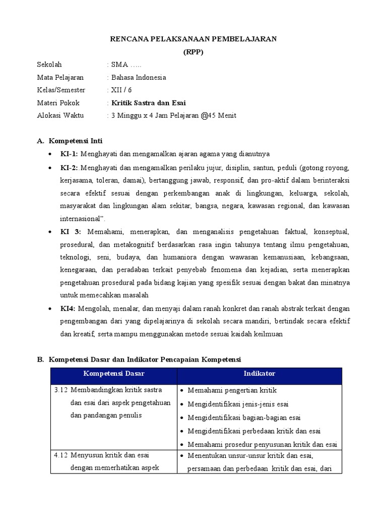 RPP Kritik Sastra & Esai | PDF | Karier & Perkembangan