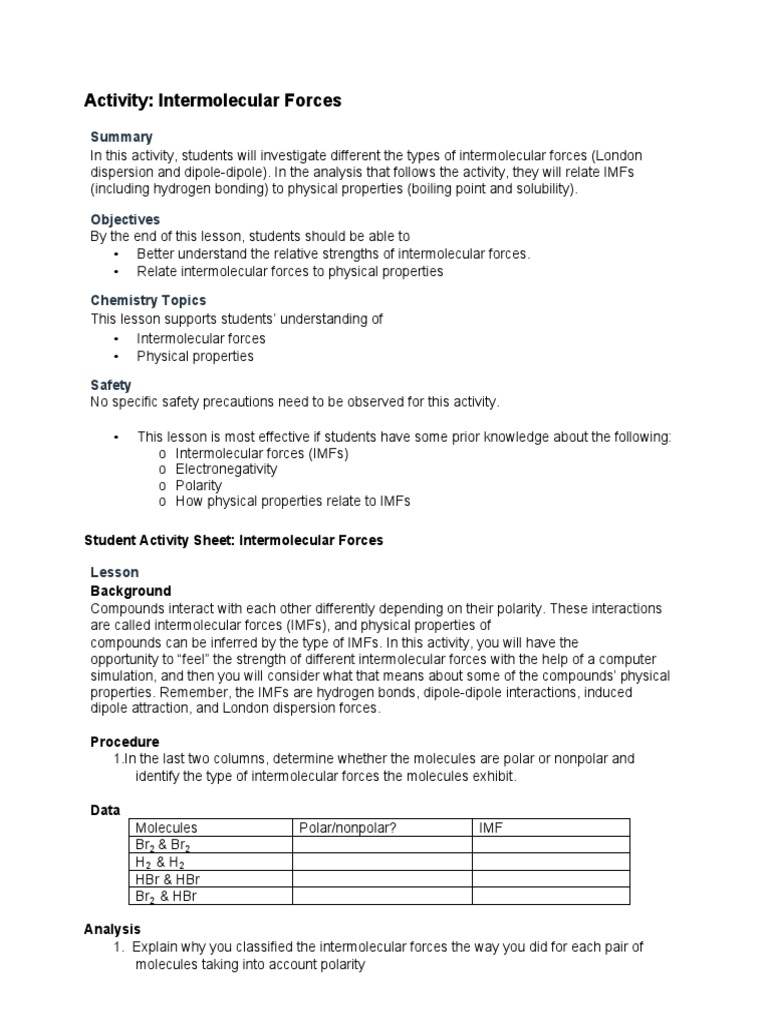 Student Activity Sheet: Intermolecular Forces | PDF | Intermolecular ...