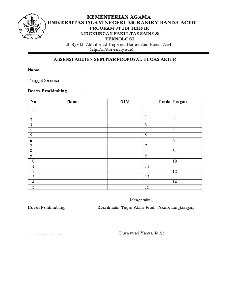 ABSENSI SEMINAR PROPOSAL TUGAS AKHIR PROGRAM STUDI TEKNIK LINGKUNGAN ...
