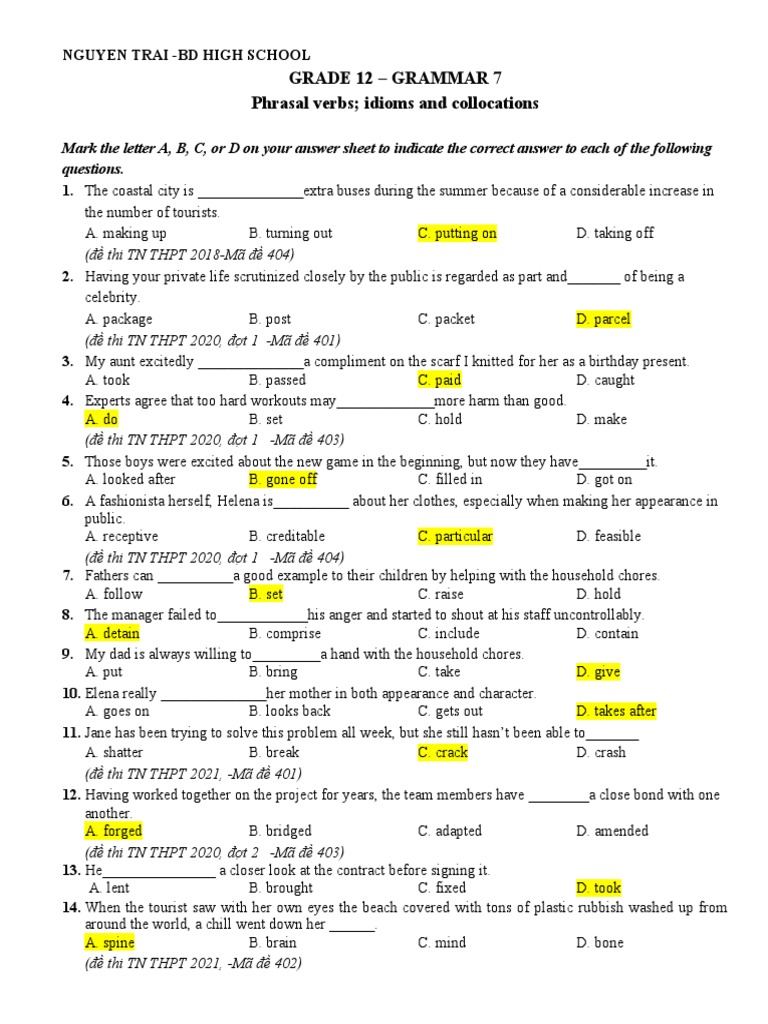 E12-Grammar7-Phrasal Verbs, collocations-Dung-De | PDF